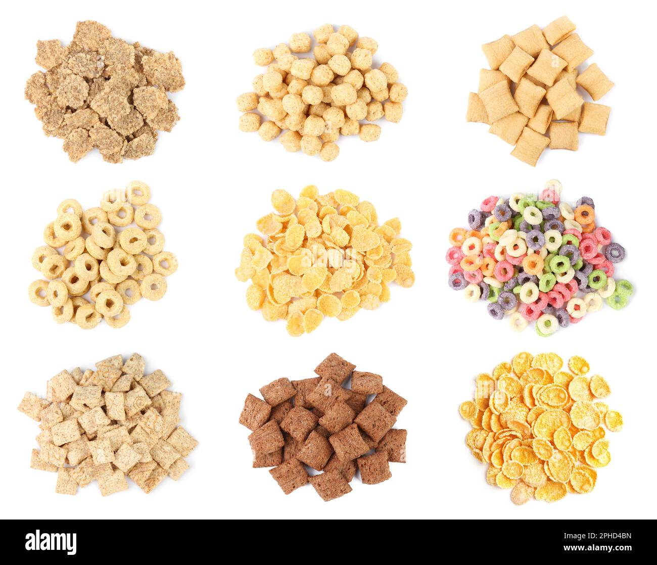 Set with different tasty breakfast cereals on white background, top ...
