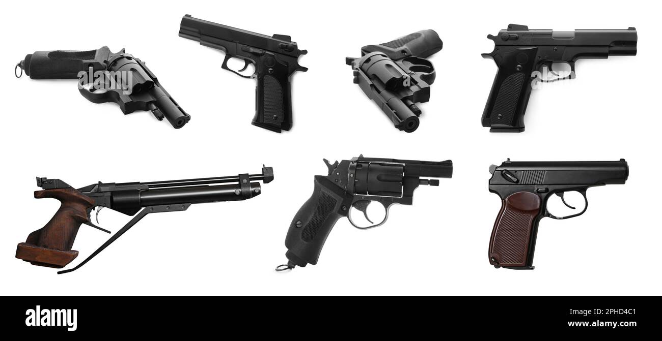 Set with different handguns on white background. Banner design Stock ...