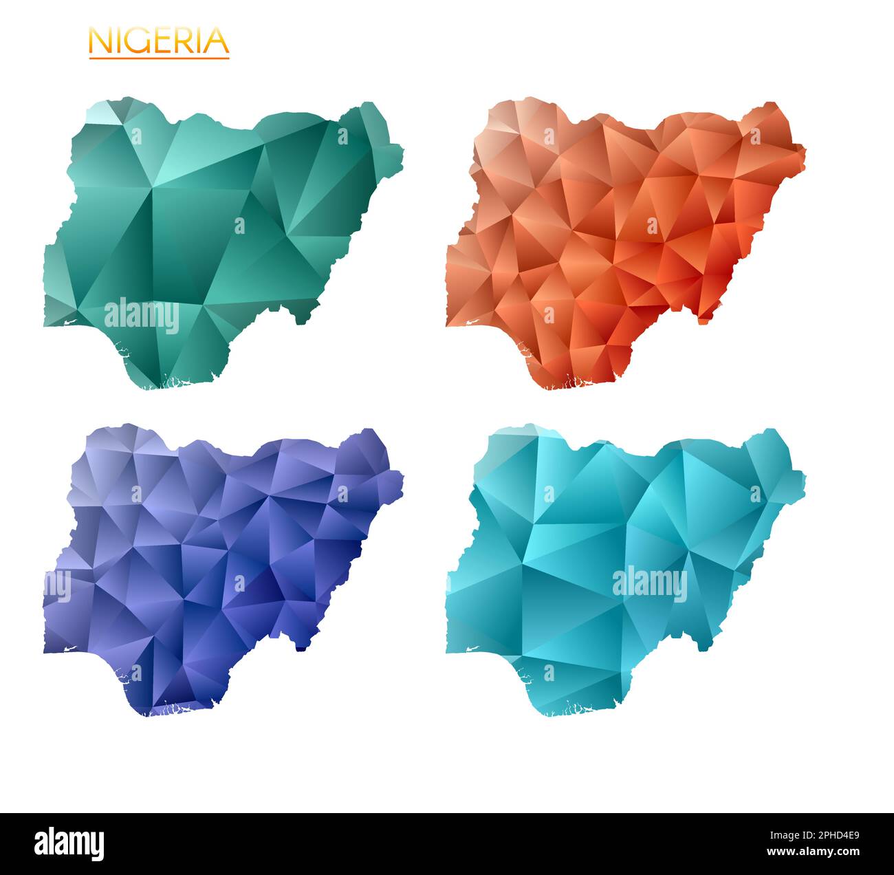 Set of vector polygonal maps of Nigeria. Bright gradient map of the country in low poly style ...