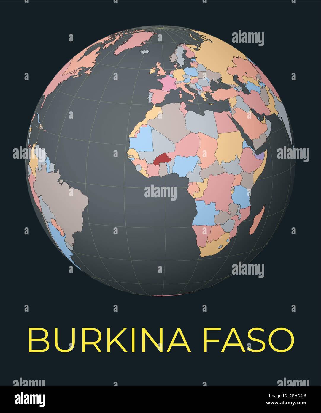 World map centered on Burkina Faso. Red country highlighted. Satellite ...