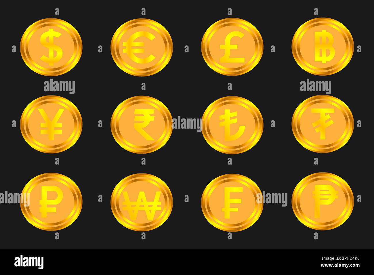 set of gold coins icons of various world currencies, realistic gold ...