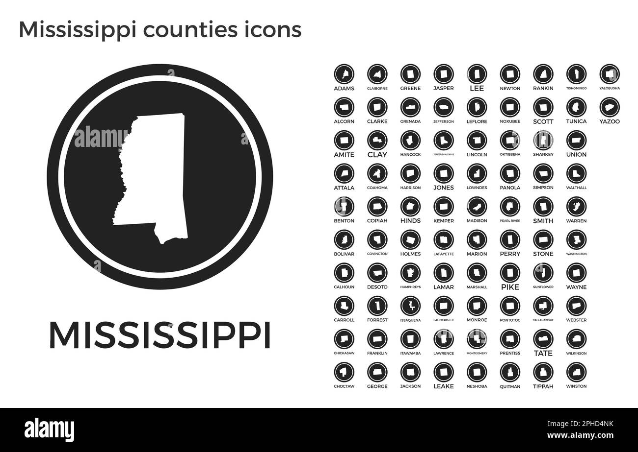 Mississippi counties icons. Black round logos with US state counties ...