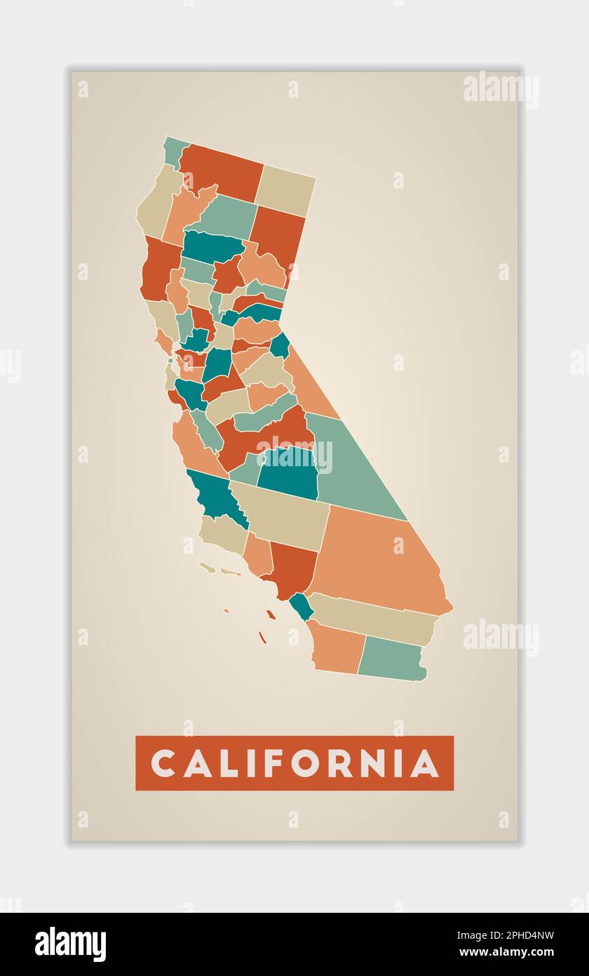 California poster. Map of the US state with colorful regions. Shape of ...