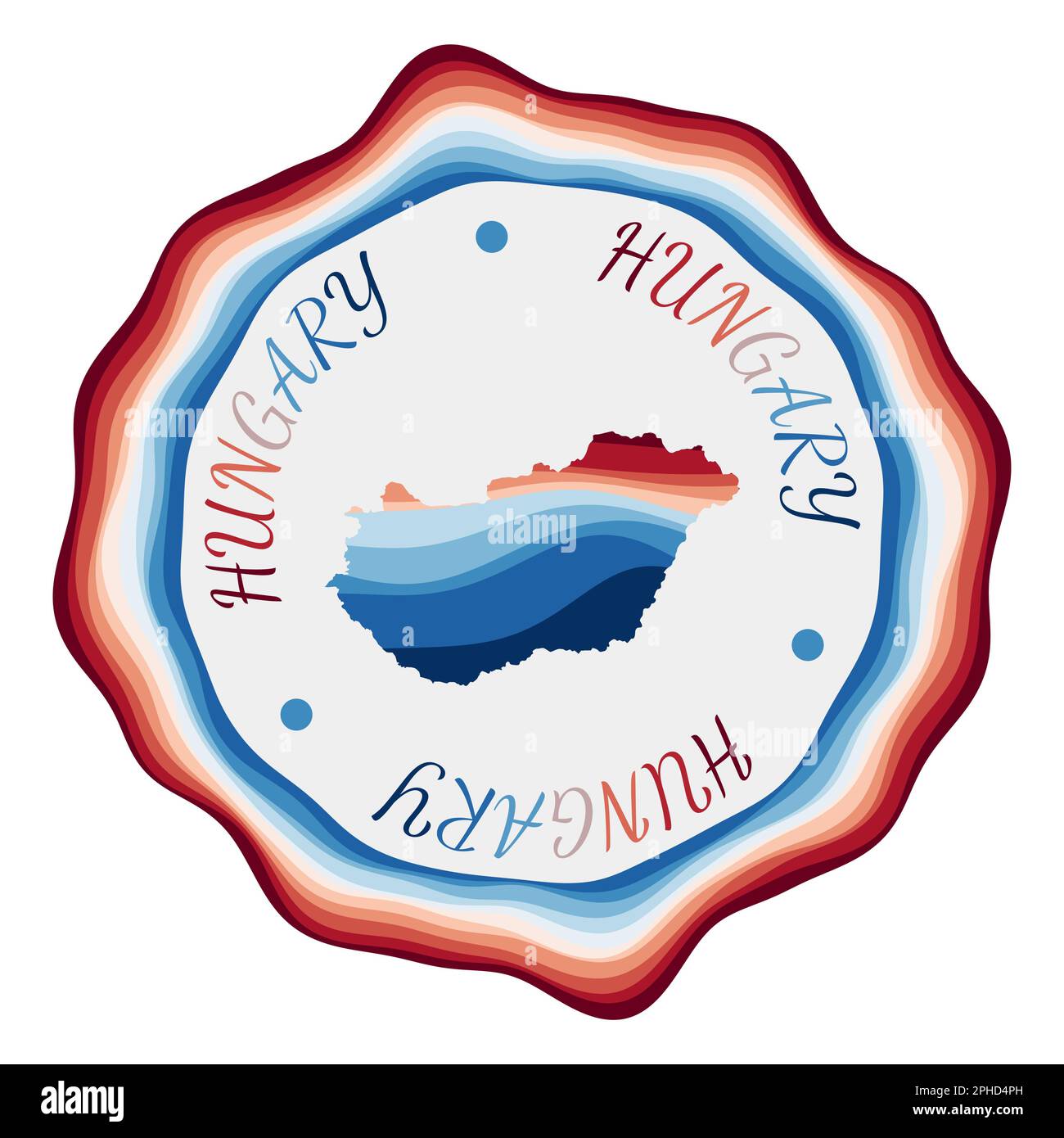 Hungary badge. Map of the country with beautiful geometric waves and vibrant red and blue frame ...