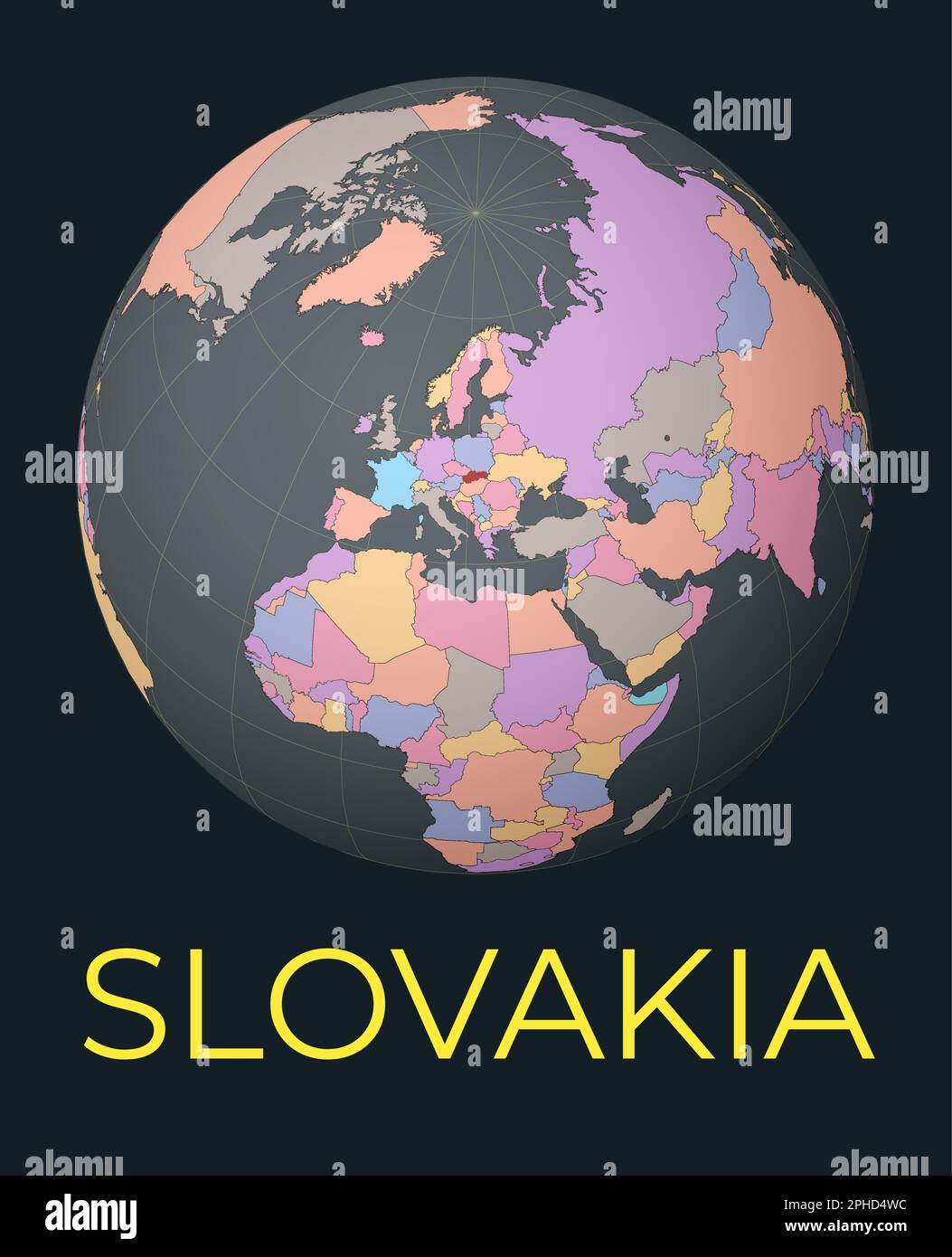 World map centered on Slovakia. Red country highlighted. Satellite ...