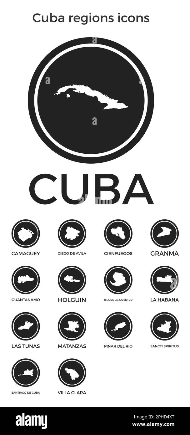 Cuba regions icons. Black round logos with country regions maps and ...