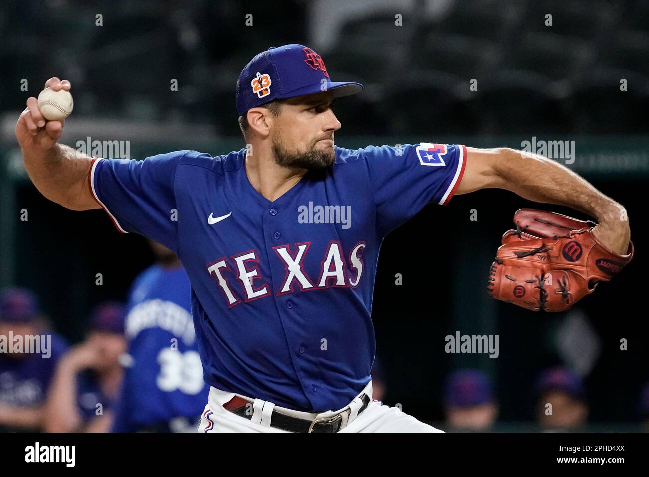 Texas Rangers starting pitcher Nathan Eovaldi throws a pitch during the ...
