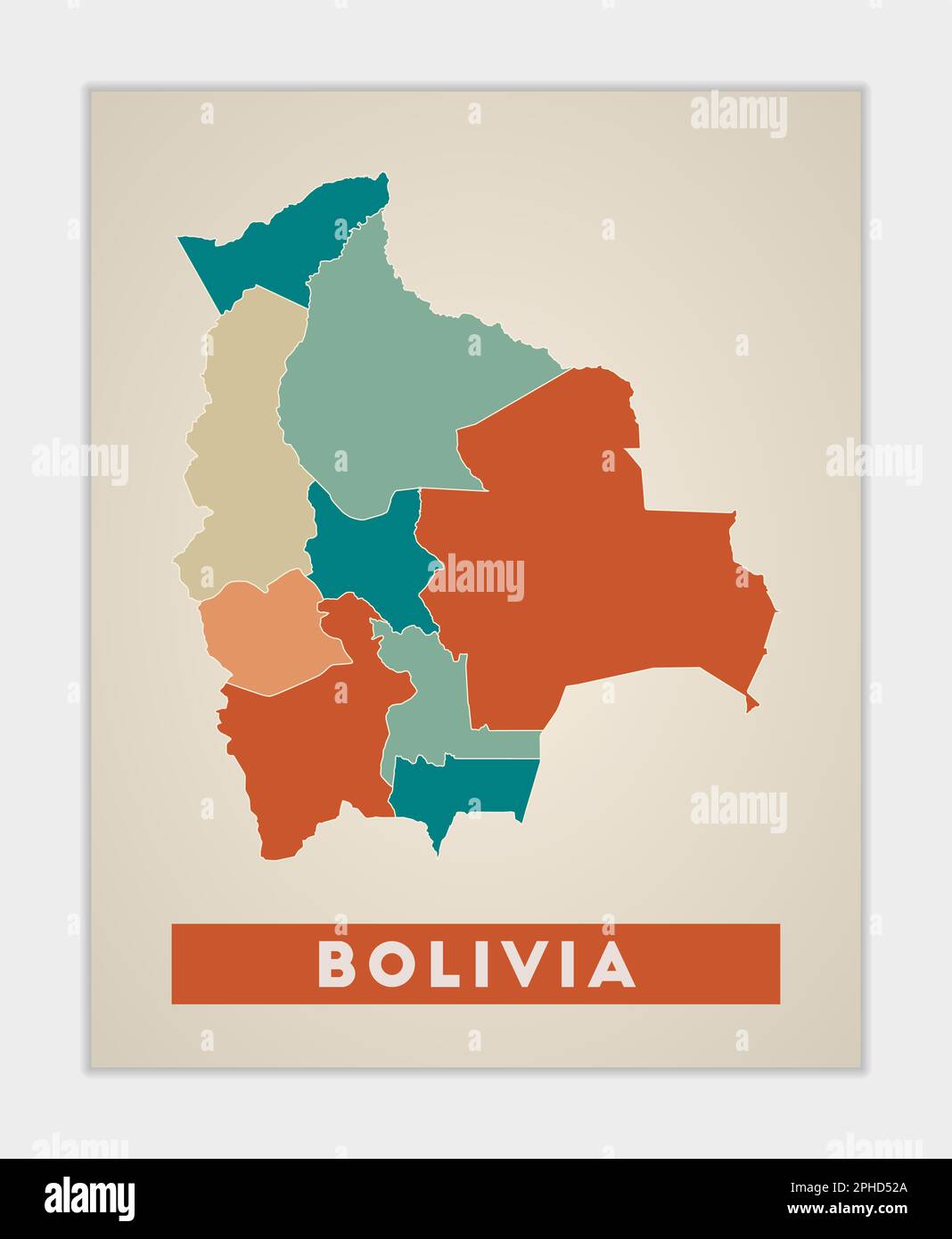 Bolivia poster. Map of the country with colorful regions. Shape of Bolivia with country name ...