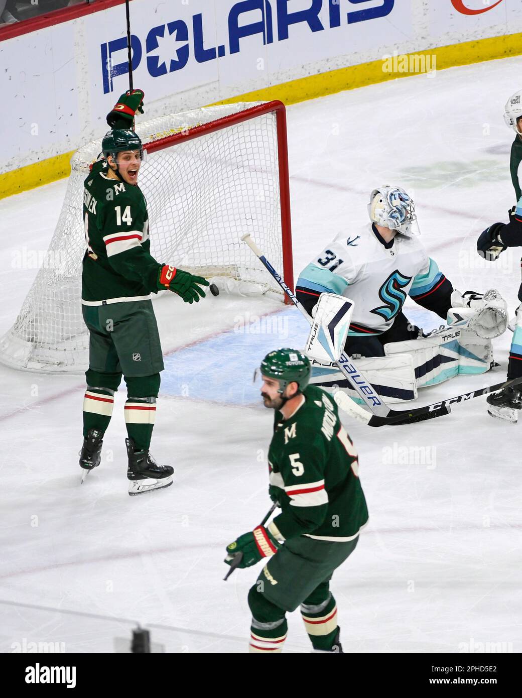 Minnesota Wild center Joel Eriksson Ek (14) celebrates after Wild ...