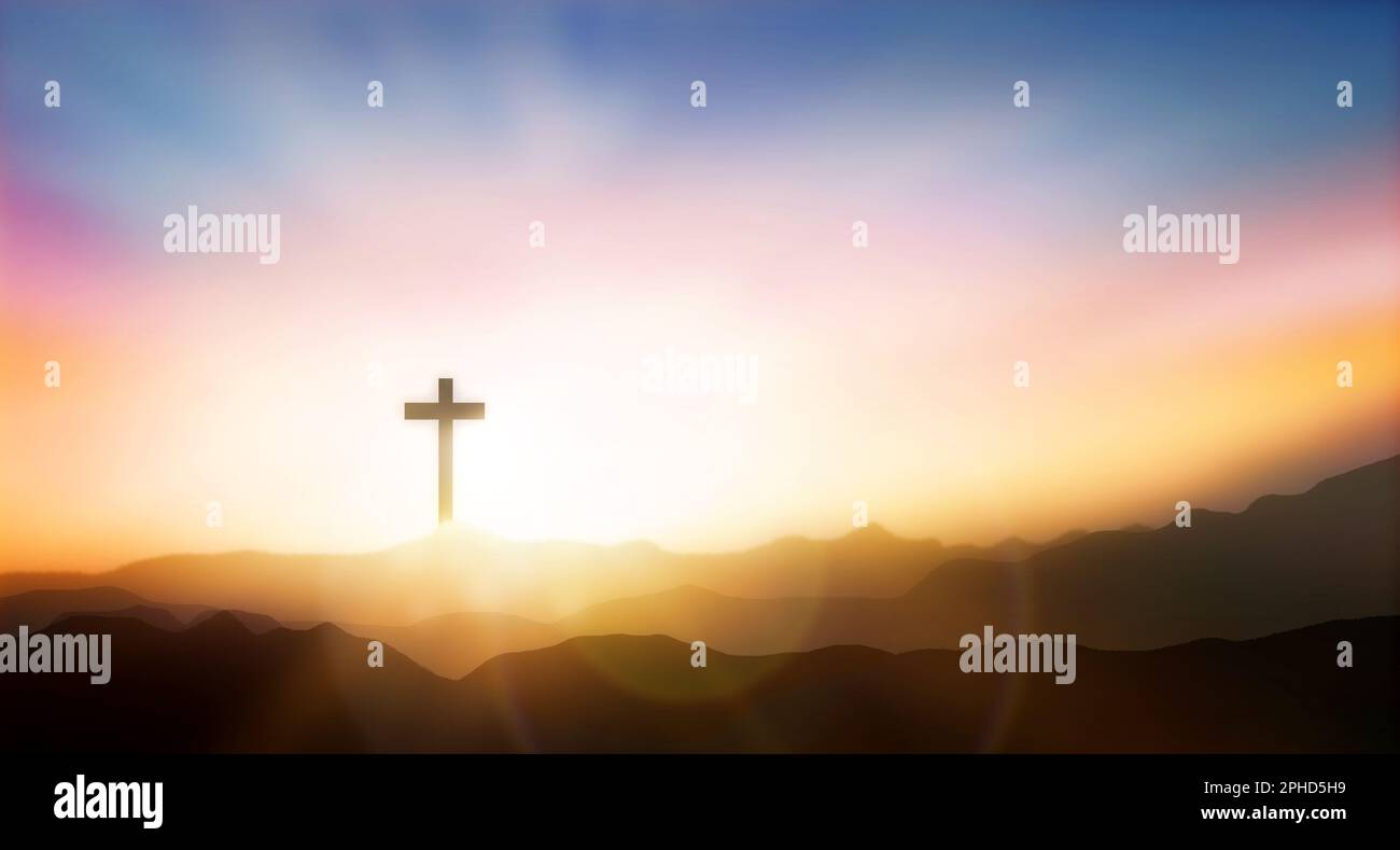 silhouette crucifix , sunset sky mountain landscape, faith hope god ...