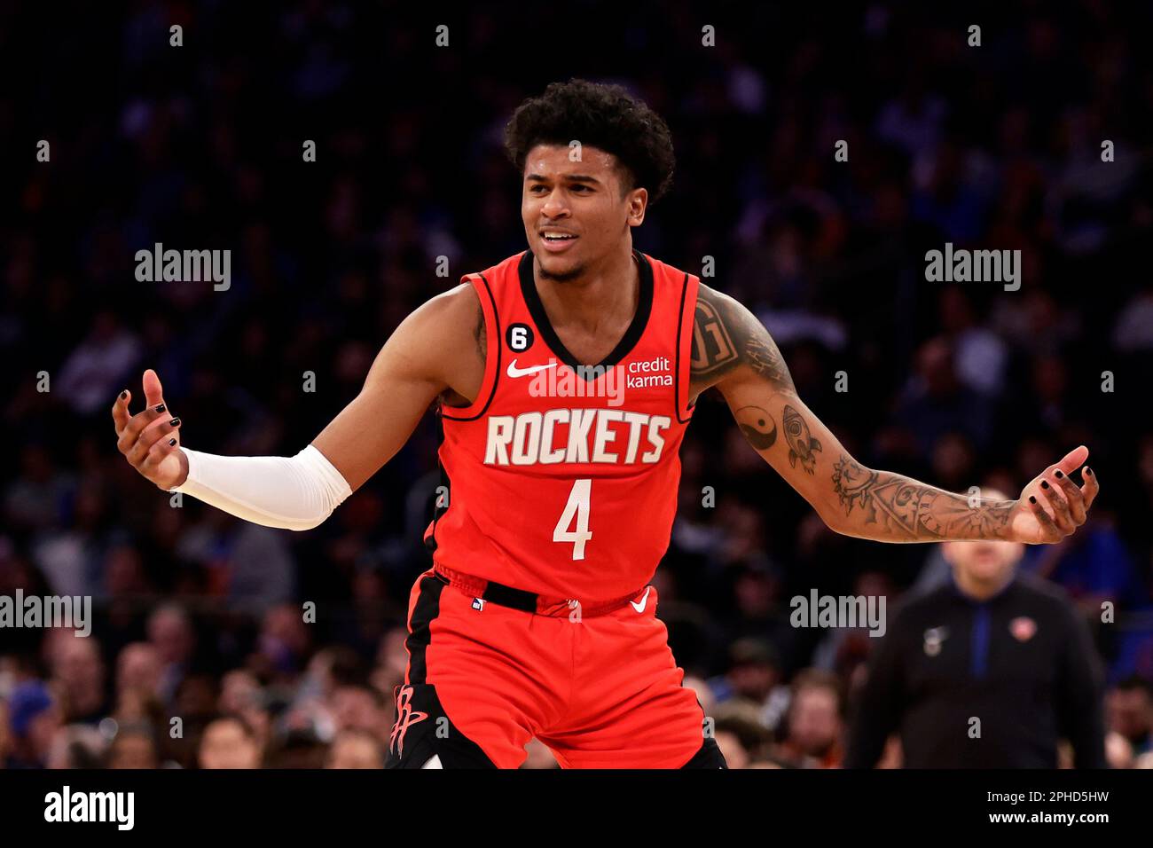 Houston Rockets guard Jalen Green reacts during the first half of an ...