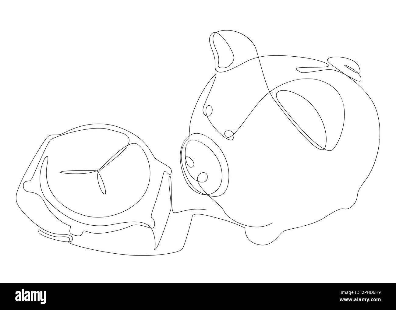 One continuous line of Piggy Bank and wristwatch. Thin Line ...
