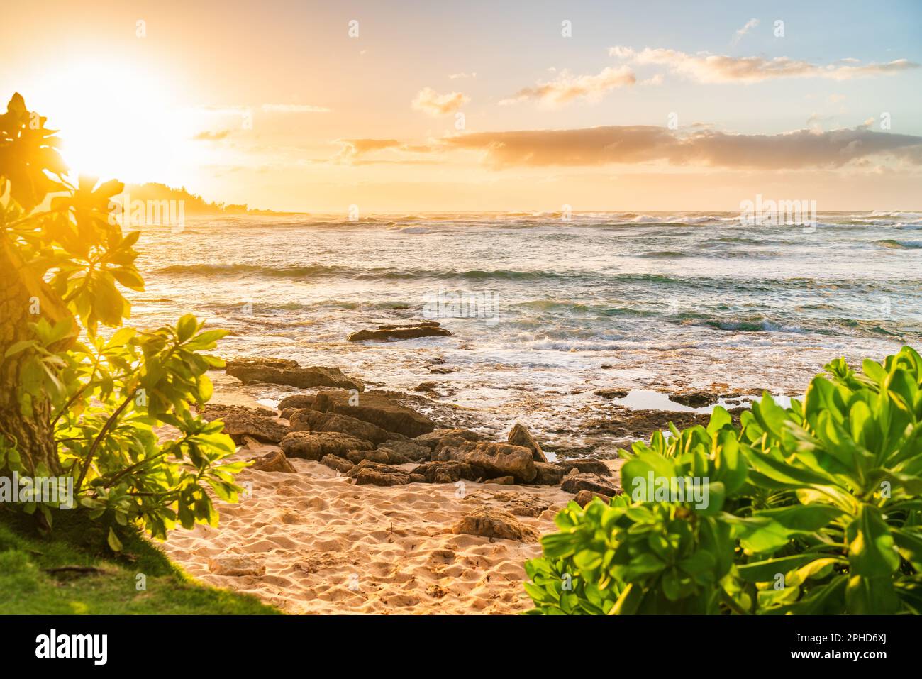 Hawaii beach landscape at sunset Oahu island Aloha summer travel ...