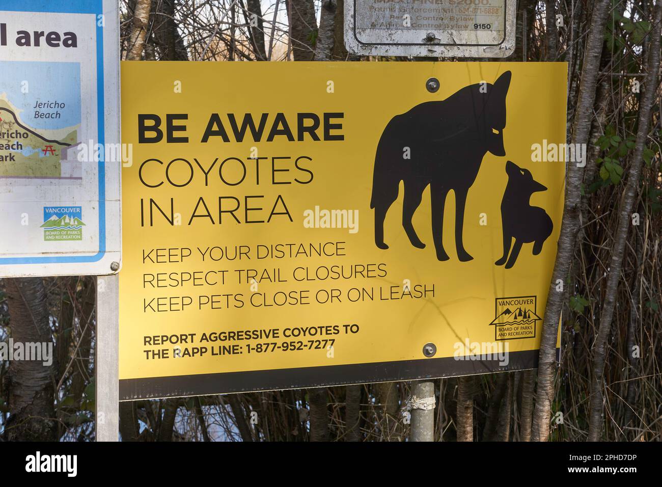Sign warning of coyotes in Jericho Beach Park, Vancouver, British ...