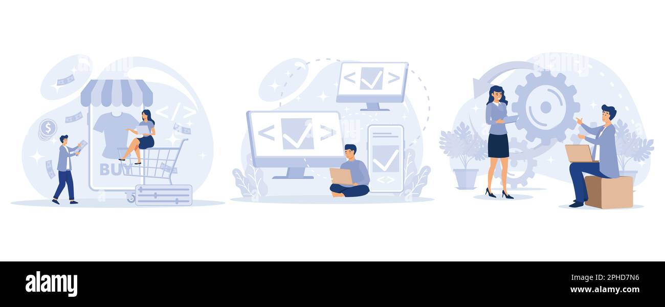 Remote developers team concept, E-commerce development, cross-platform ... Remote developers team concept, E-commerce development, cross-platform ...