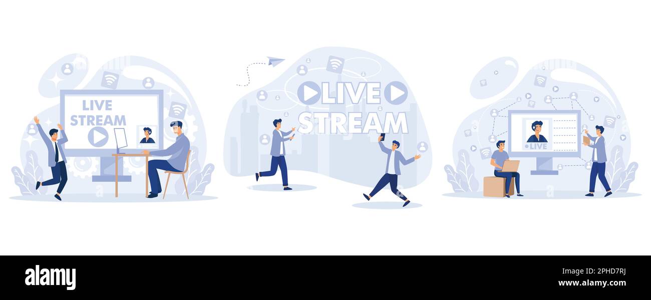 Live streaming. Tiny people watch live stream in social networks ...