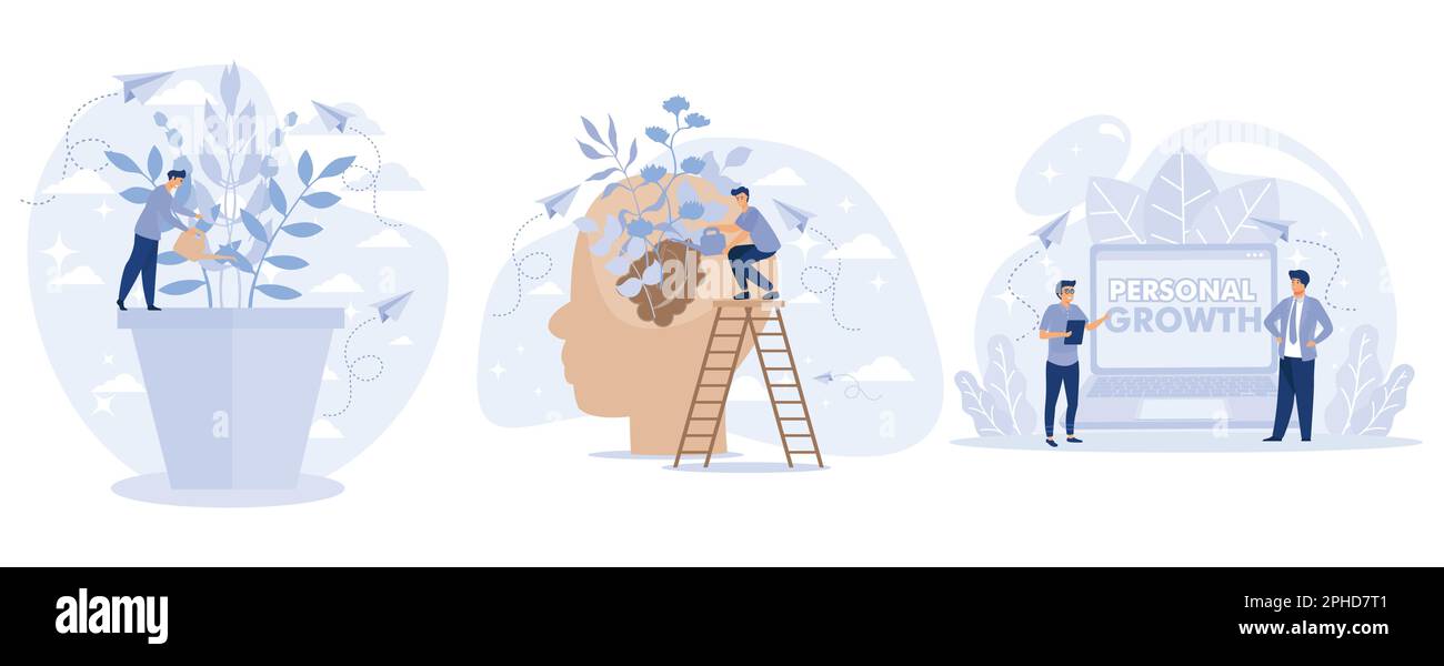 Personal growth concept. Metaphor growth personality as plant. Tiny people that self-improvement ...