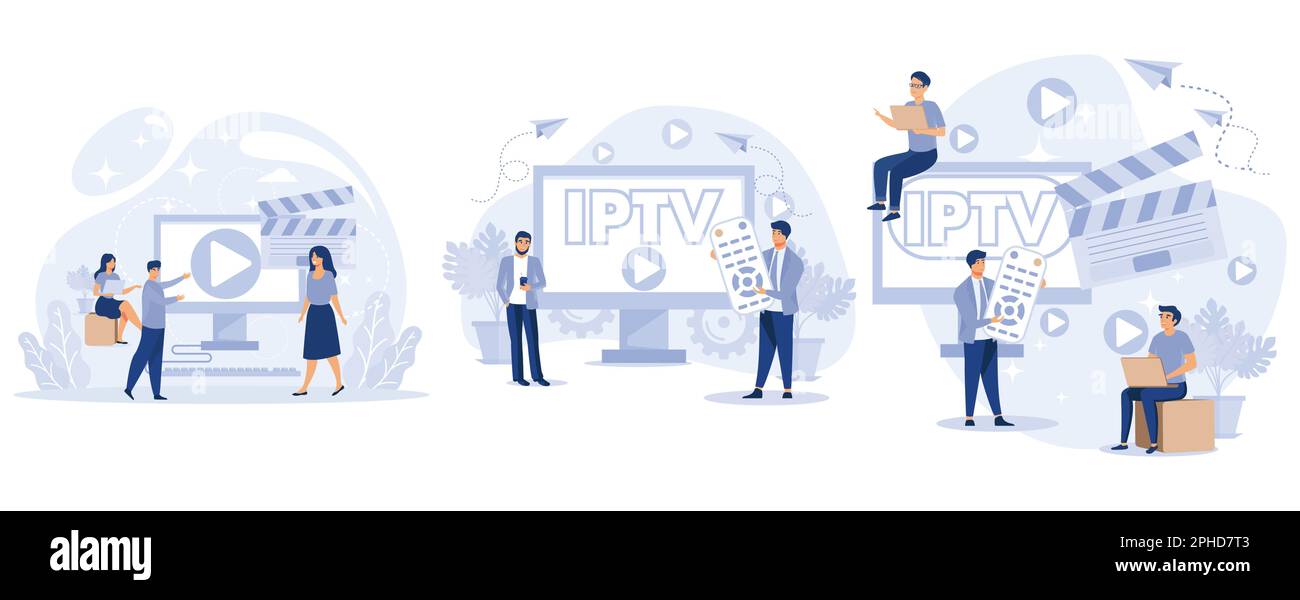 IPTV concept. Tiny people watch digital media TV stream. Internet ...