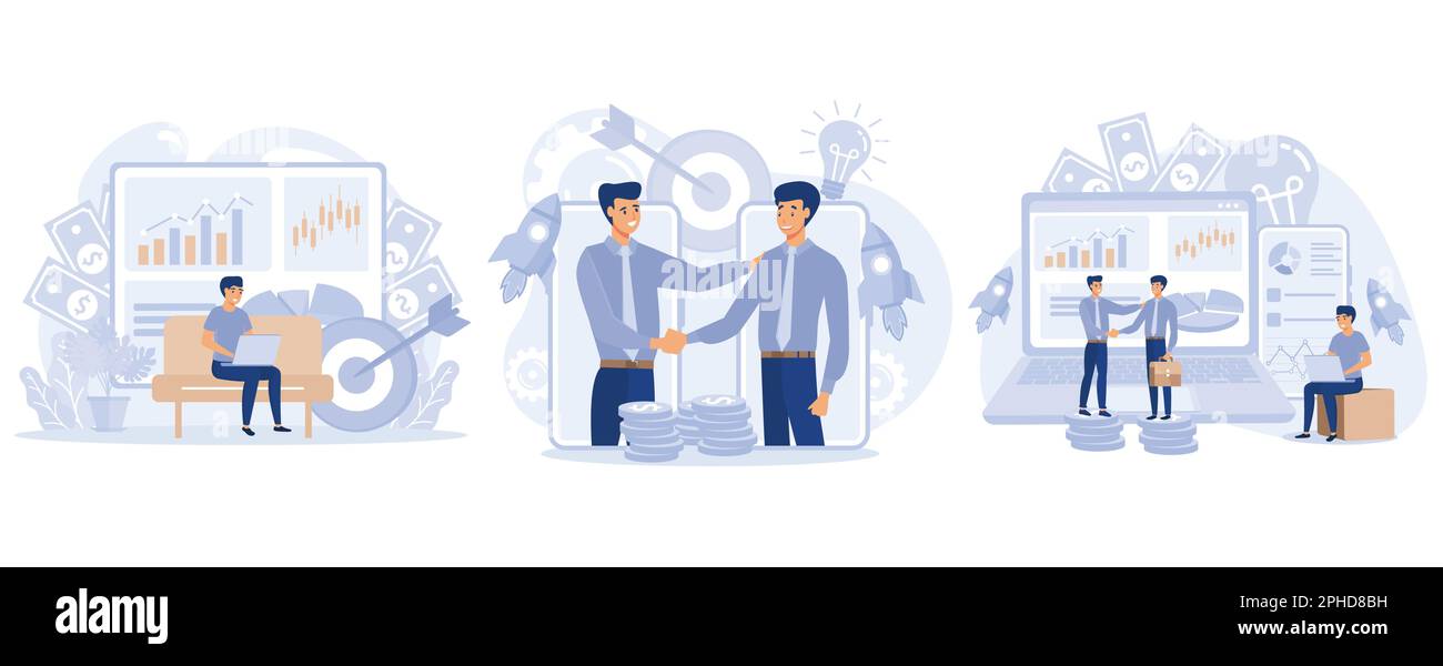 Online business concept. Tiny people conclusion of the transaction ...