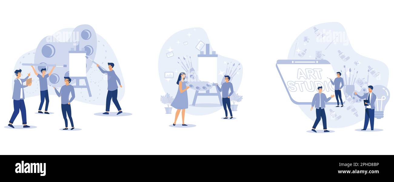 Artist. Art school or studio. Tiny people artists with canvas on easel ...