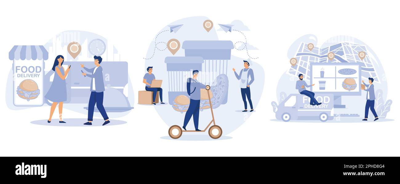 Food delivery service. Tiny people order food online. Chefs and courier ...