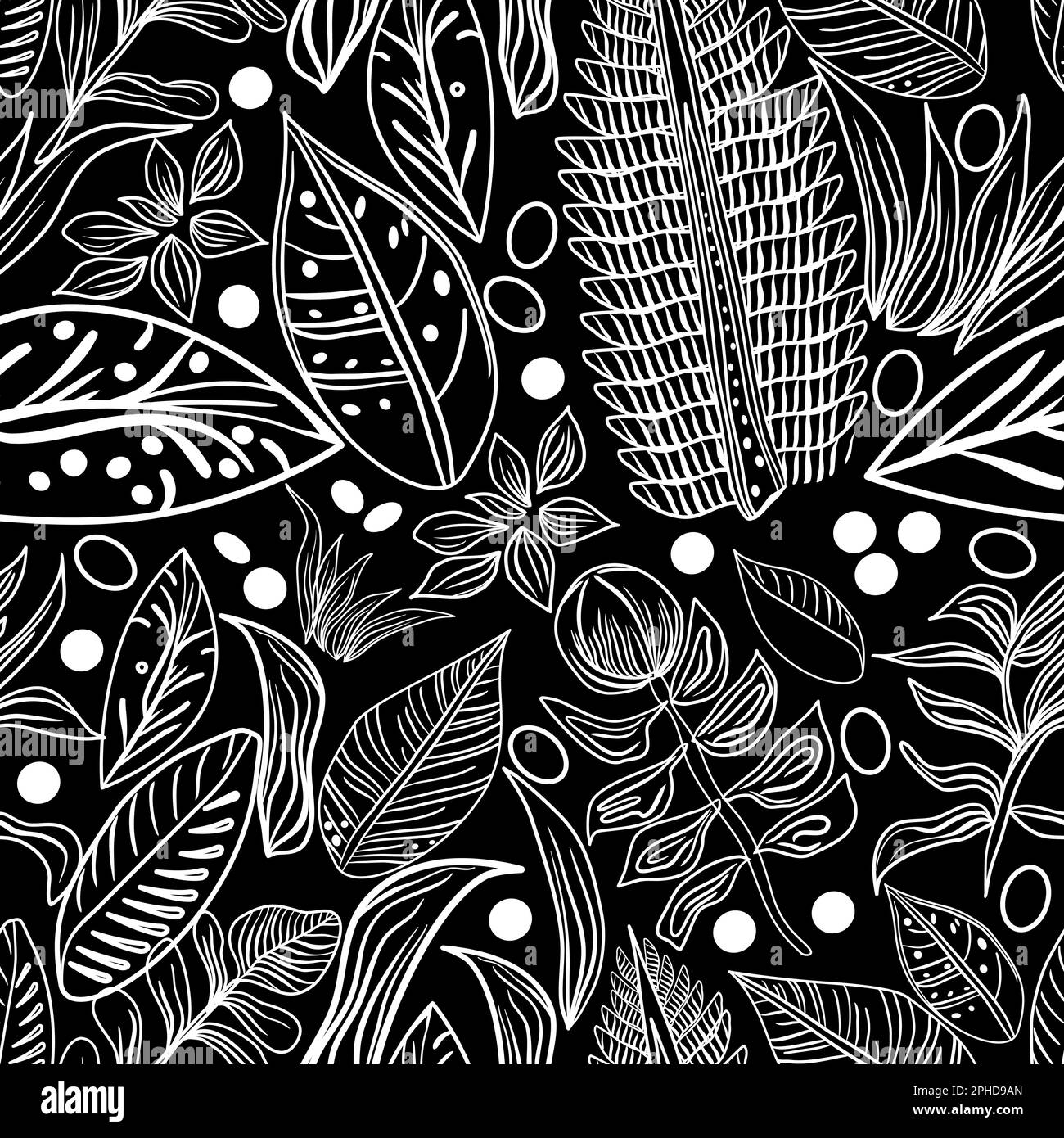 Seamless botanical pattern with tropical leaves in doodle technique ...