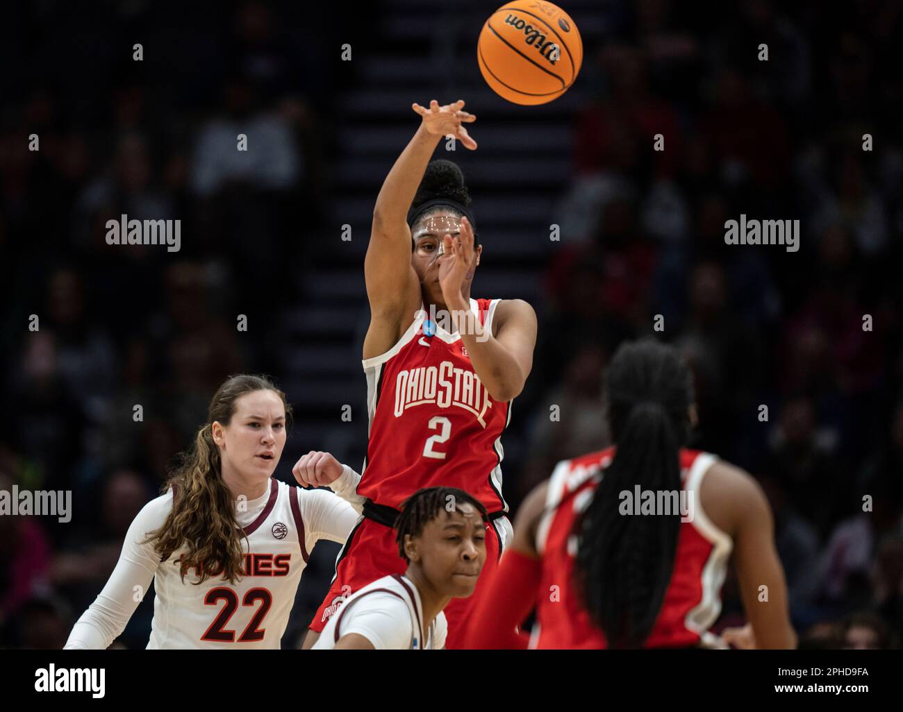 Ohio State forward Taylor Thierry (2) passes the ball against Virginia ...
