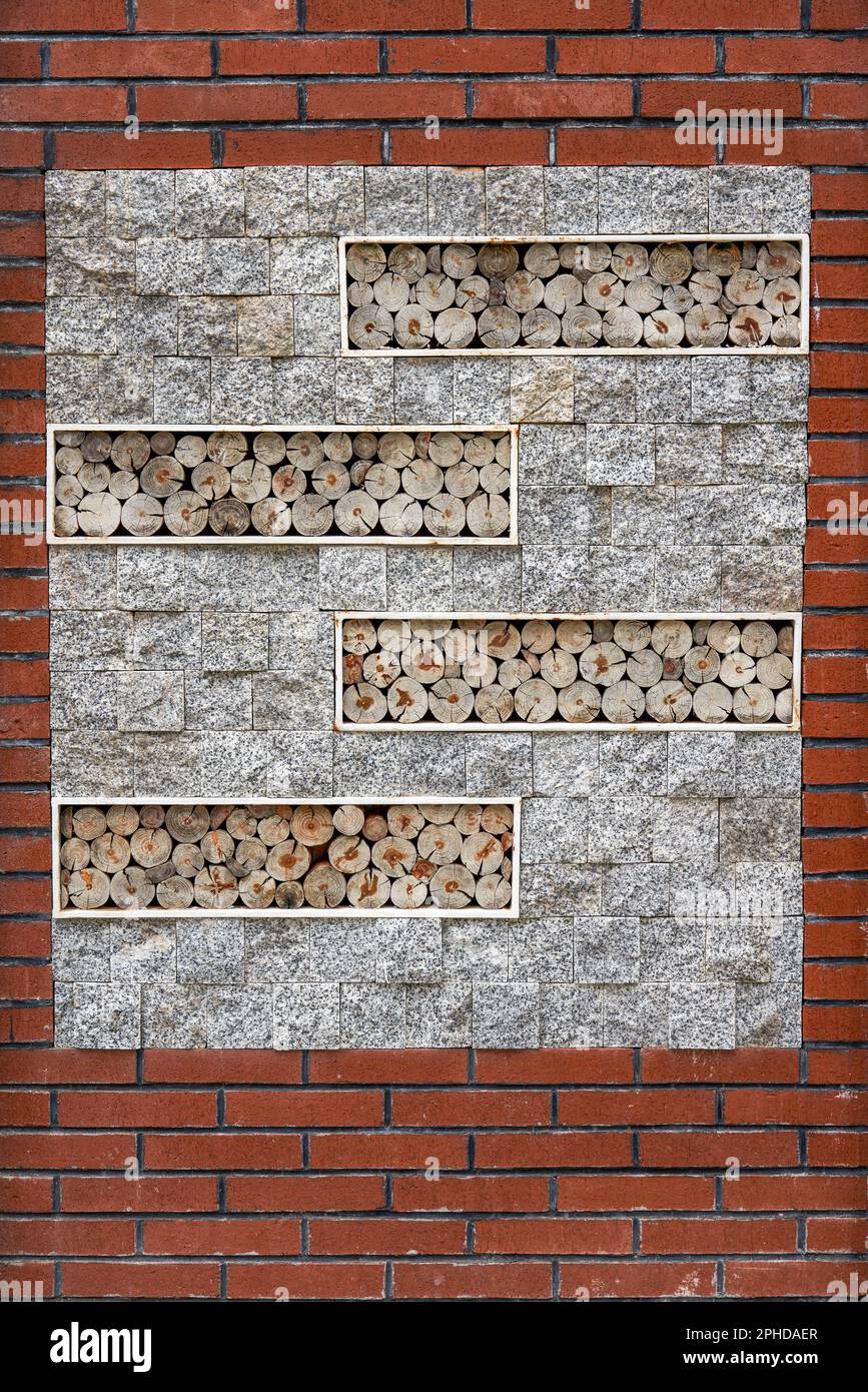 Wall design with marble walls and round wooden strips and cubes Stock ...