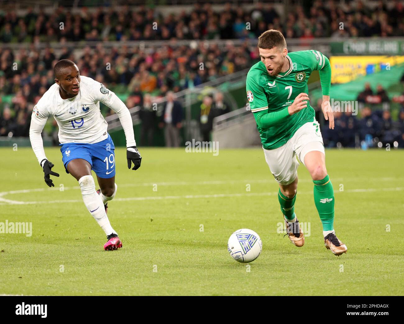 Dublin, Ireland. 27th Mar, 2023. Matthew Doherty of Ireland, Moussa ...