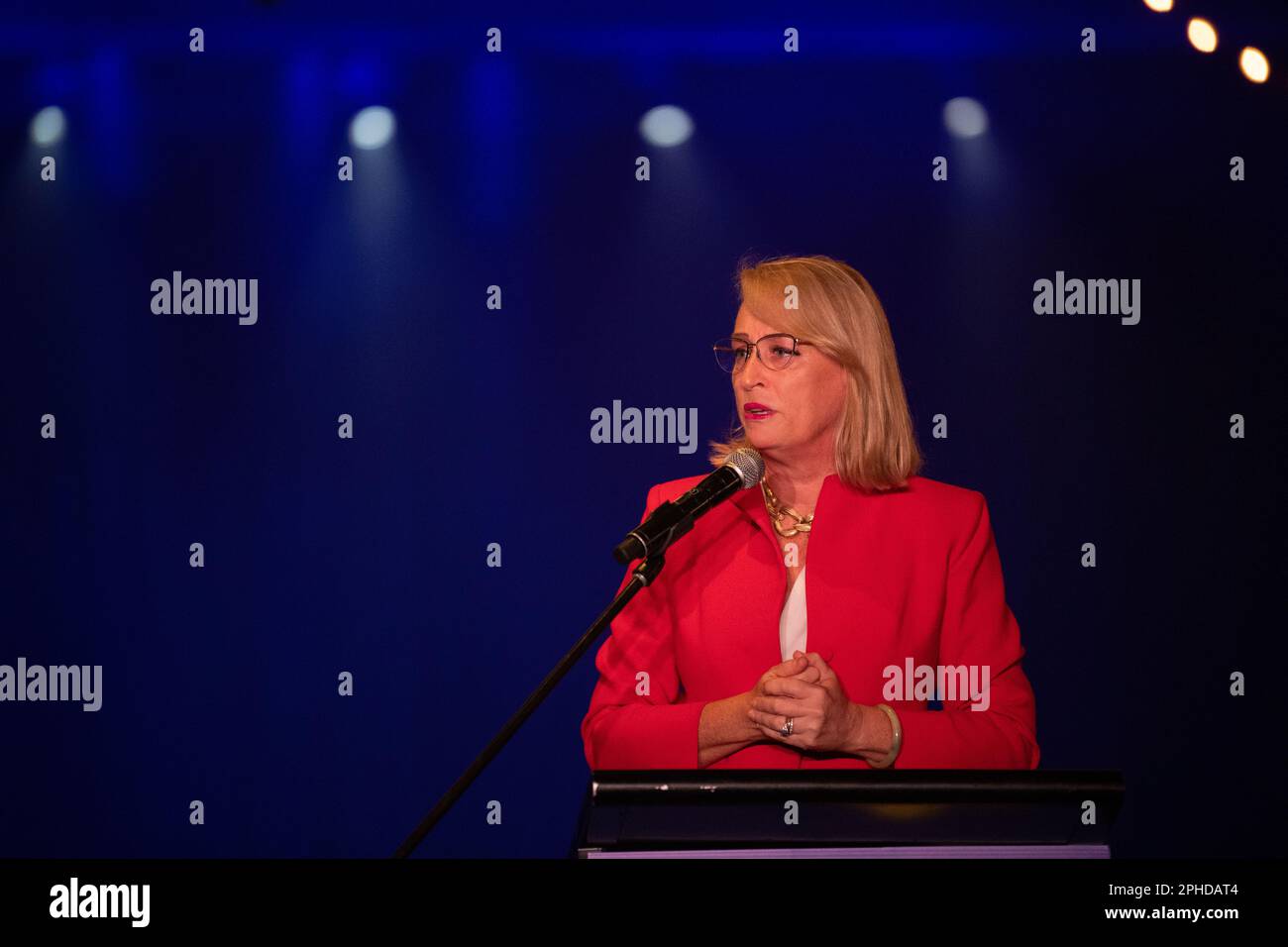 Melbourne, Australia, 28th March 2023. Lord Mayor Sally Capp speaks at ...