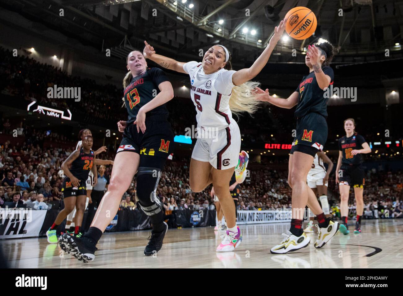 South Carolina's Victaria Saxton (5) goes for a loose ball against ...