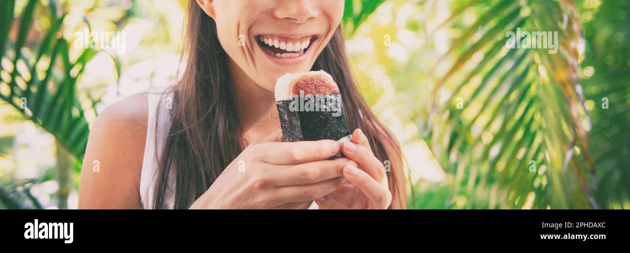 Spam musubi rice ball hawaiian food banner panorama. Woman tourist ...