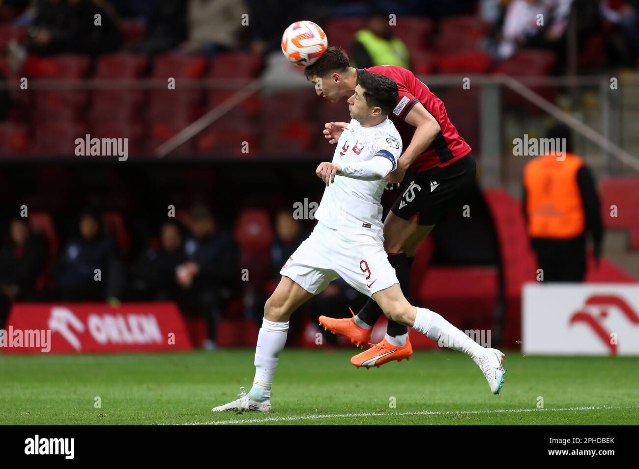 Robert Lewandowski of Poland and Marash Kumbulla of Albania during the ...