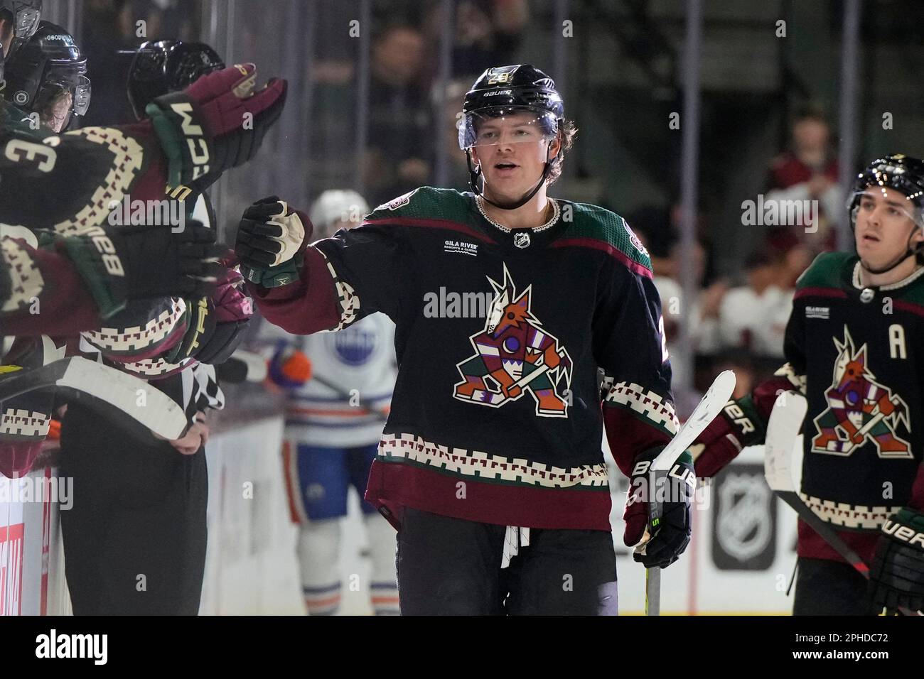 Arizona Coyotes center Barrett Hayton (29) celebrates with teammates ...