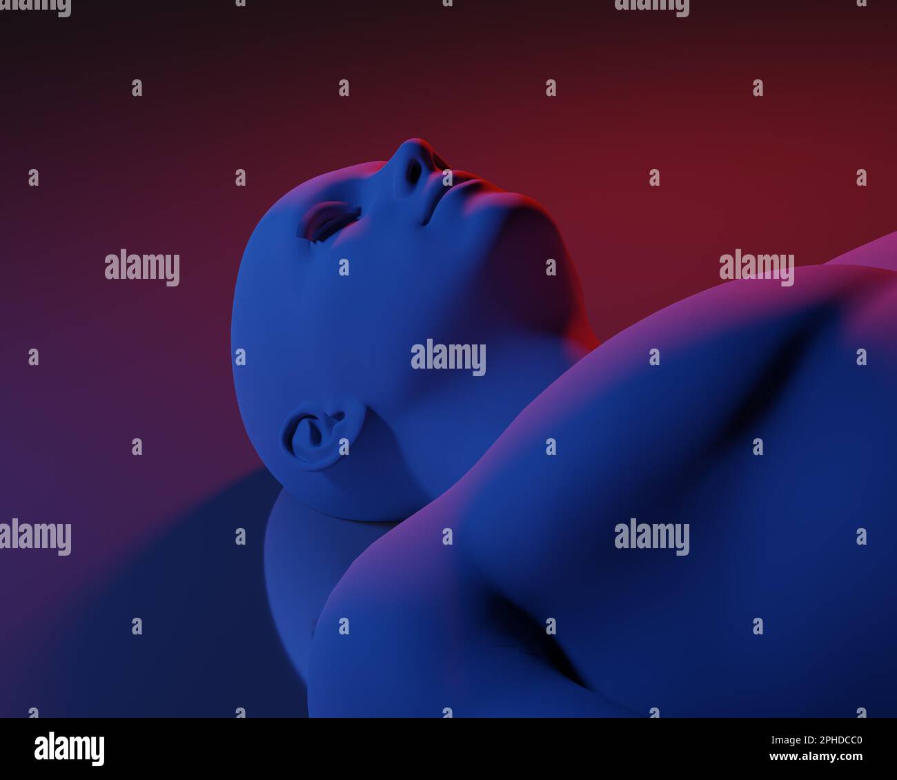 3D rendering of a portrait of a red matte bald woman on a white ...