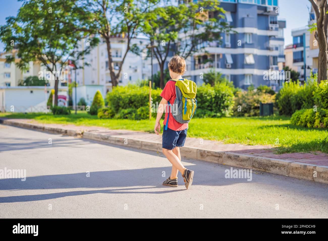 Little boy with a backpack go to school. Back view Stock Photo - Alamy