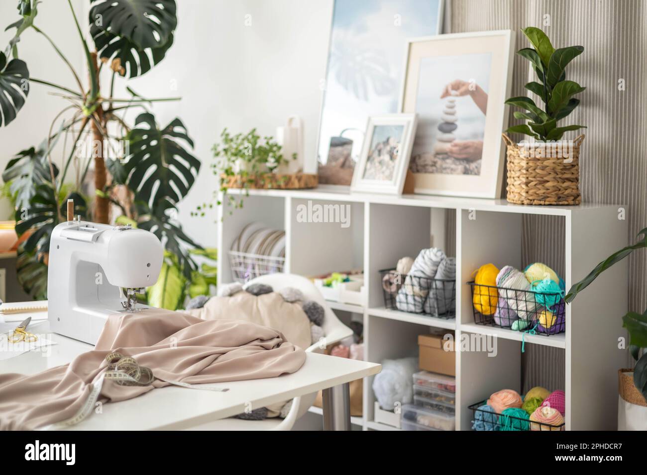 Modern workplace of tailor textile craft designer table with sewing ...