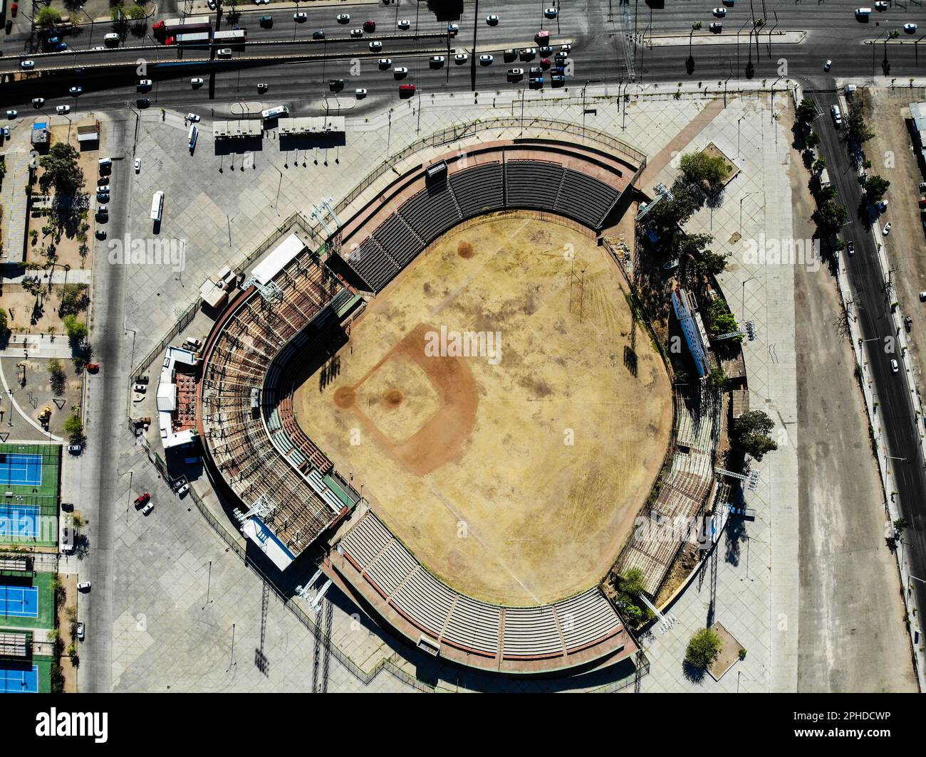 Aerial view of the stands, blicher, parking lot and playing field or ...