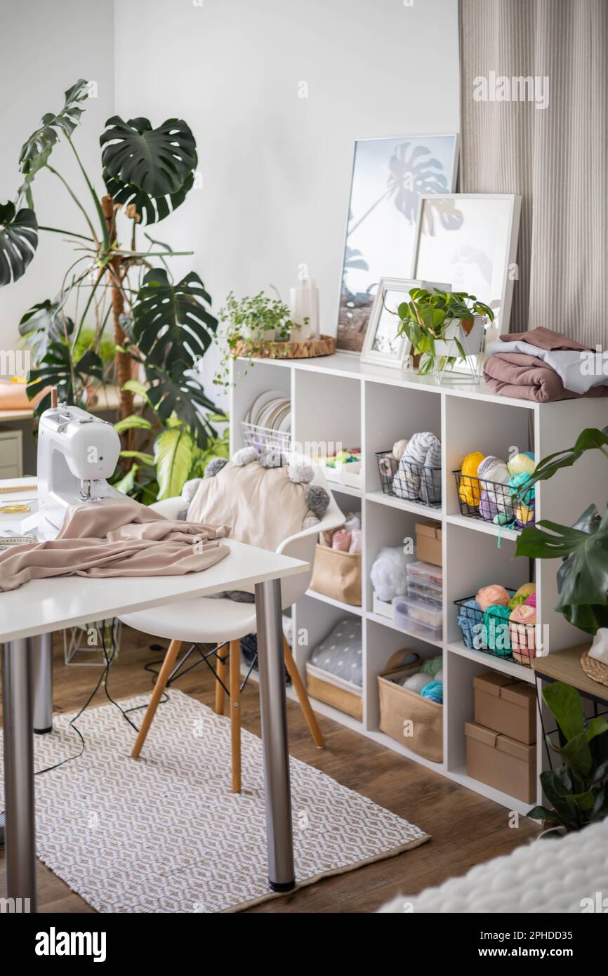 Modern workplace of tailor textile craft designer table with sewing ...