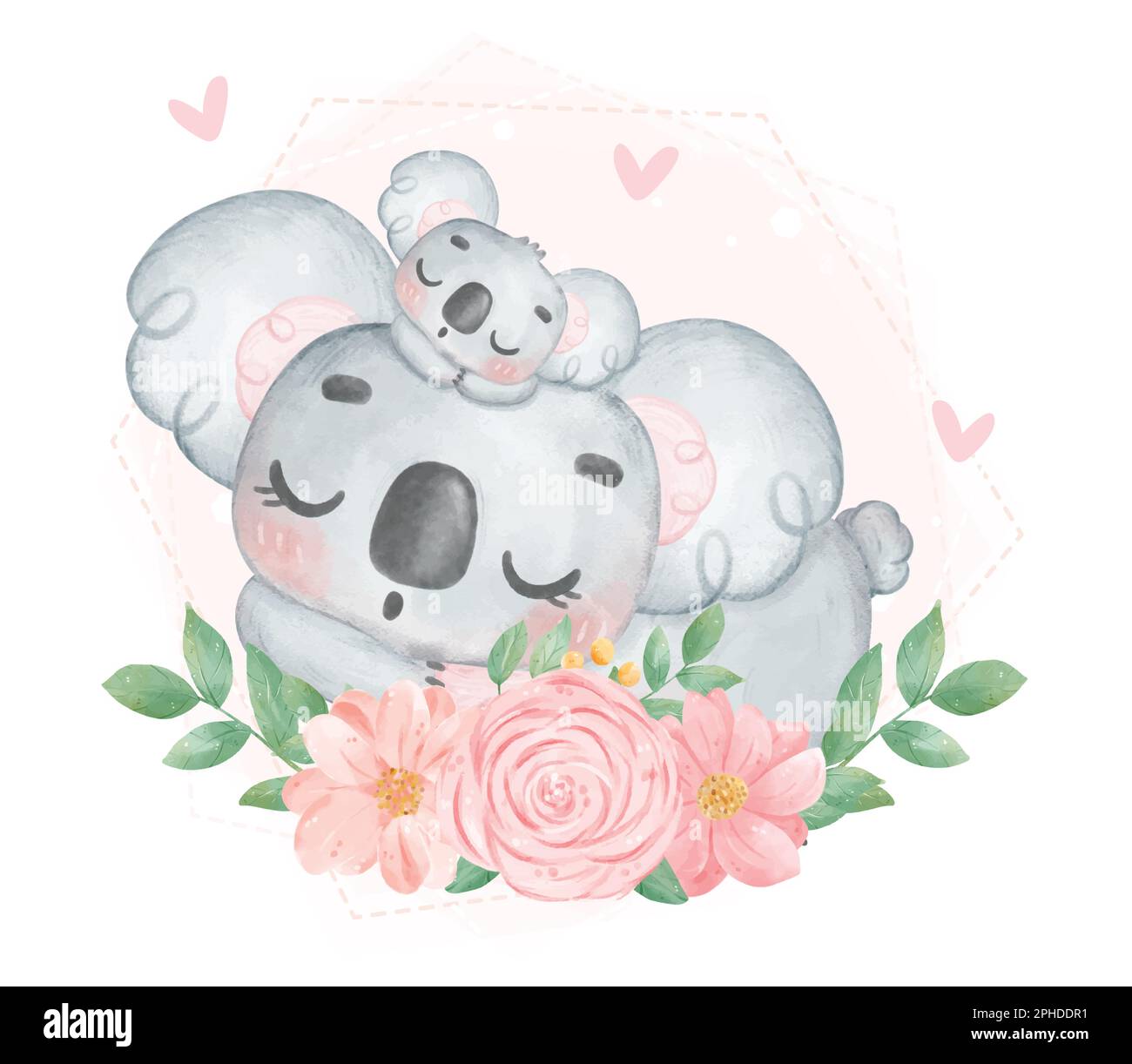 Cute innocence Australia Koala mother and baby sleeping in sweet flower ...