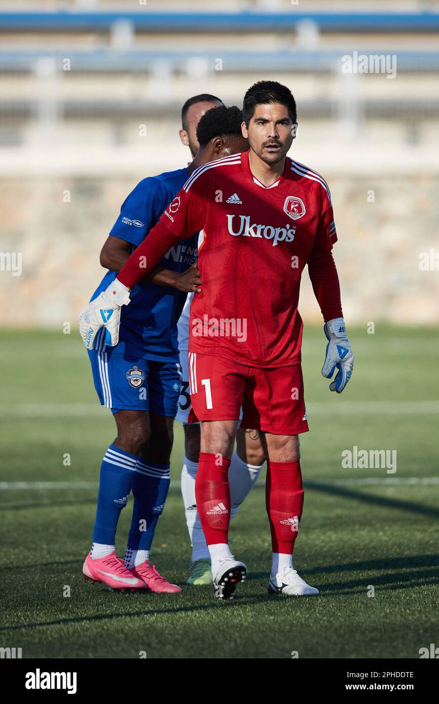 Akira Fitzgerald (1) of the Richmond Kickers gets position in front of ...