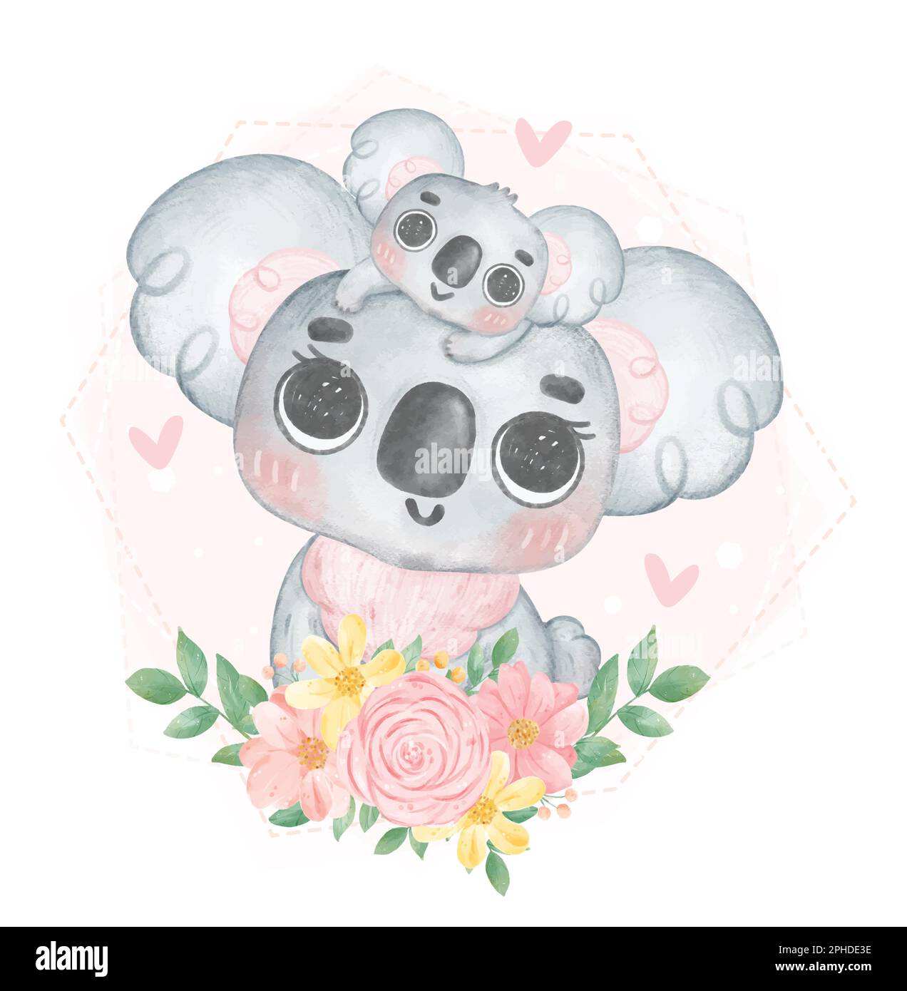 Cute innocence Australia Koala mother and baby in sweet flower wreath ...