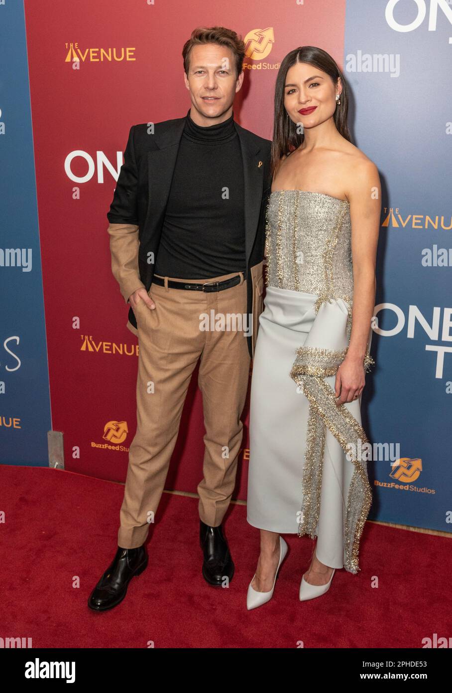 Luke Bracey and Phillipa Soo wearing dress by Bibhu Mohapatra attend ...