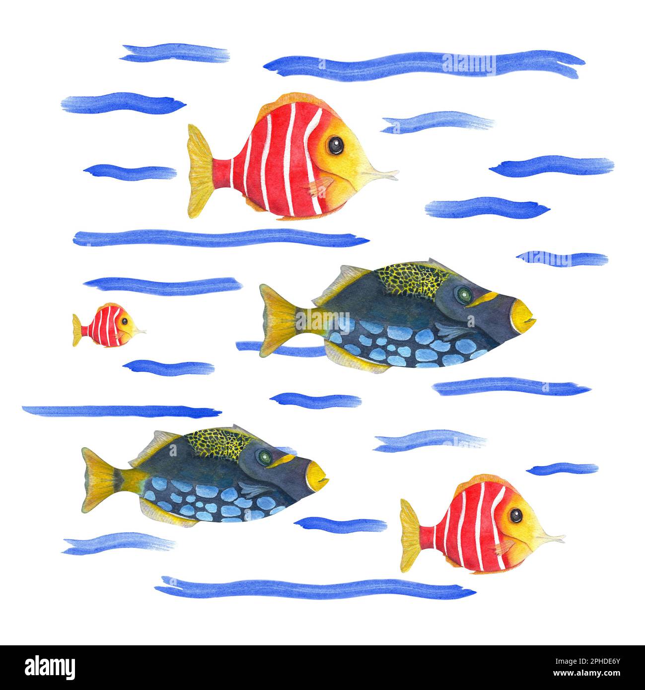 Watercolor illustration of a colored cartoon fishes isolated on white ...