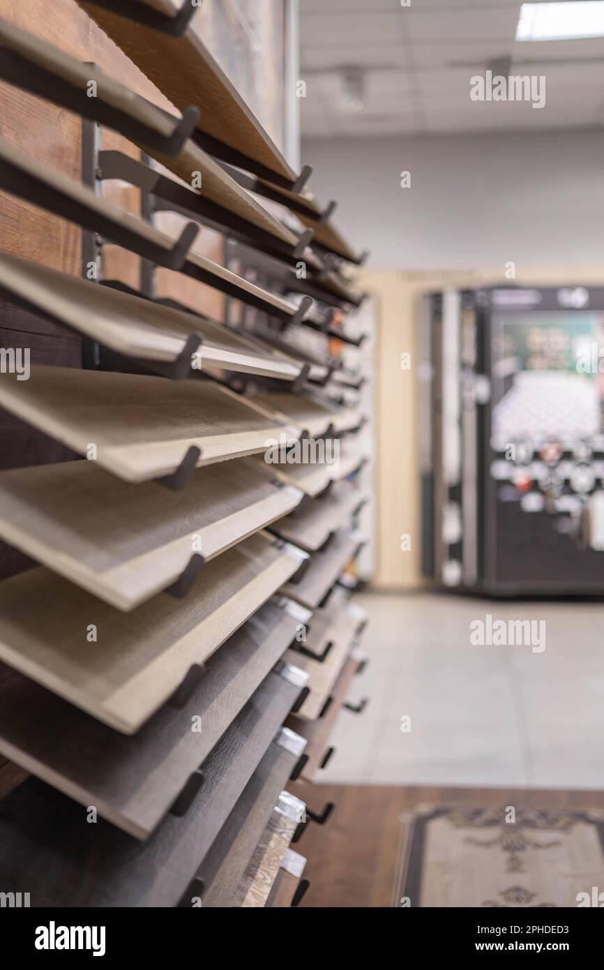 Ceramic tiles assortment sample shelves renovation construction store for interior decor ...