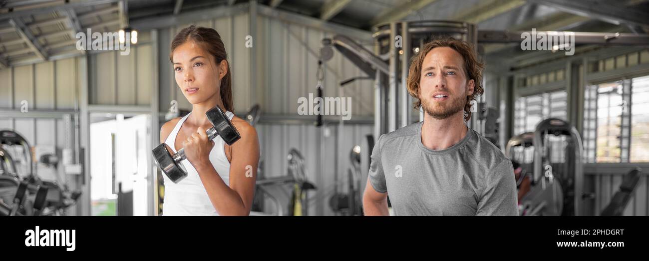 Gym workout couple fit people training together banner panoramic of ...