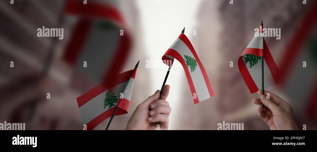 A group of people holding small flags of the Lebanon in their hands ...