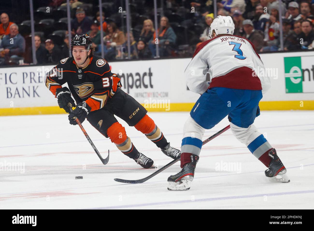 Anaheim Ducks forward Mason McTavish (37) drives the puck against ...