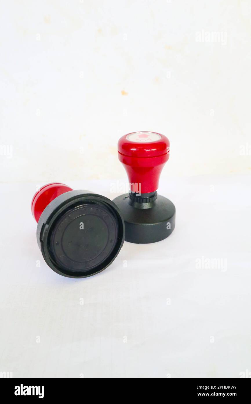 Stamp, modern Stamp, Red Handle Rubber Stamp Top View Isolated on White ...