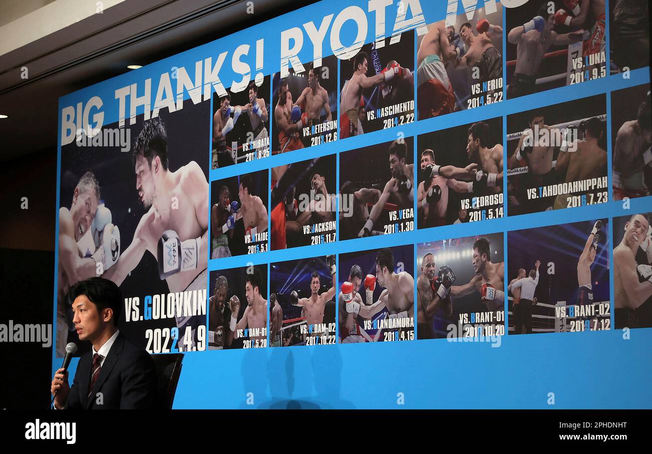 Japanese boxer Ryota Murata attends a press conference in Bunkyo Ward, Tokyo on March 28, 2023 ...
